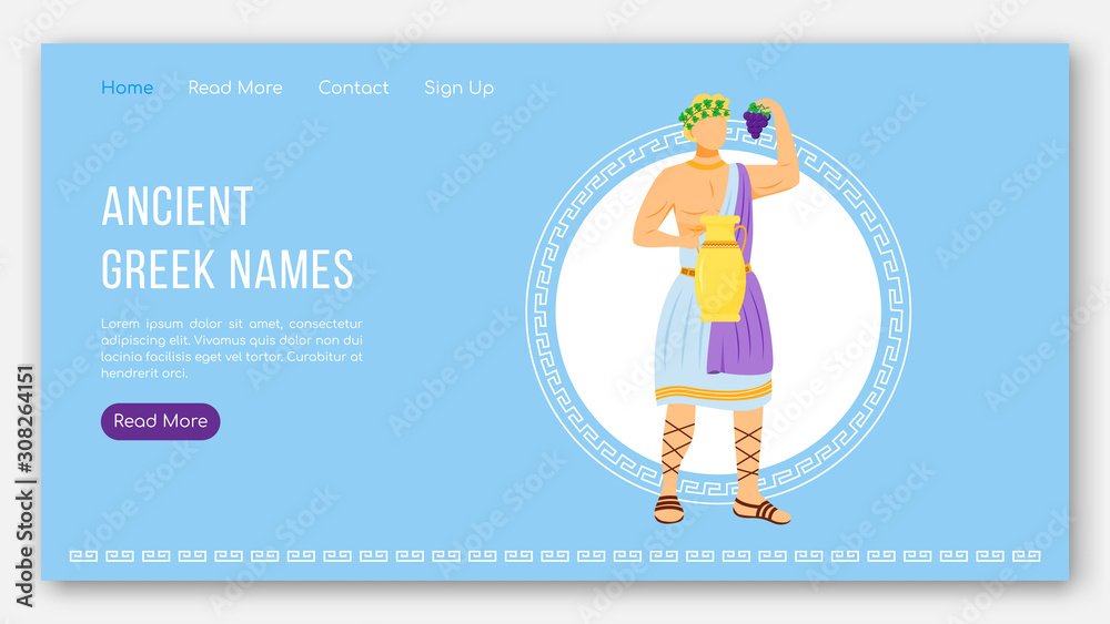 Ancient greek names landing page vector template. Greek pantheon ...