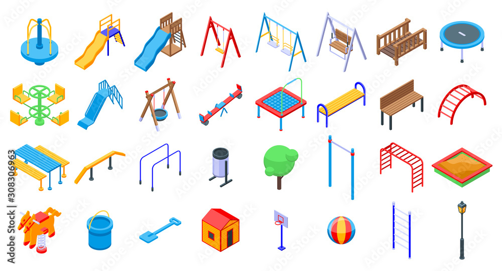 Kid playground icons set. Isometric set of kid playground vector icons ...