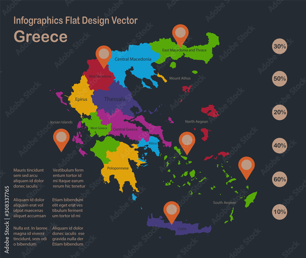 Vector de Stock Infographics Greece map, flat design colors, with names ...