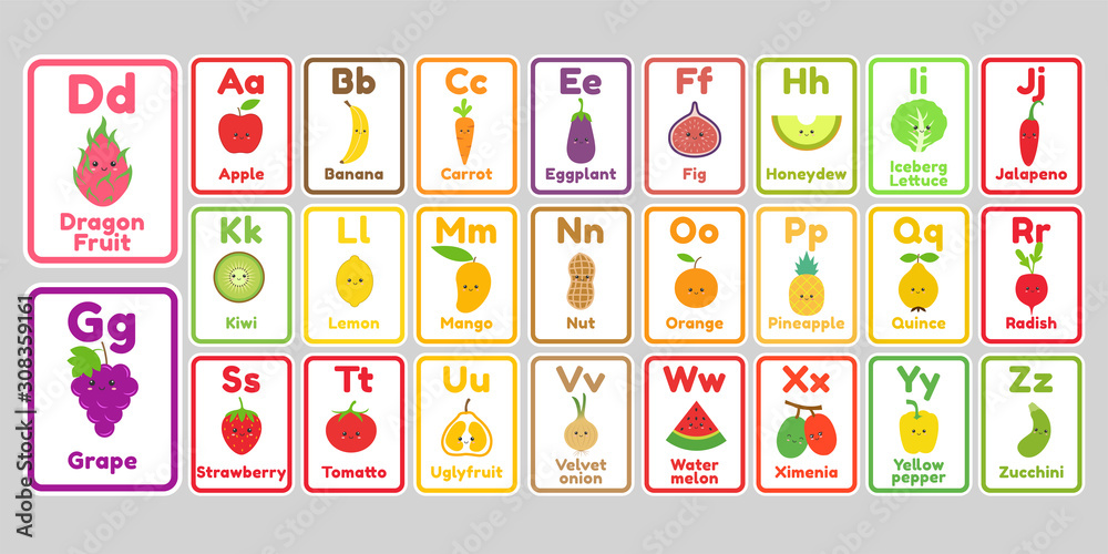 Cute kawaii fruits and vegetables alphabet letters for kids Stock ...