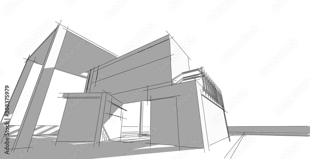 Architectural sketch line, Modern house design work free hands drawing ...