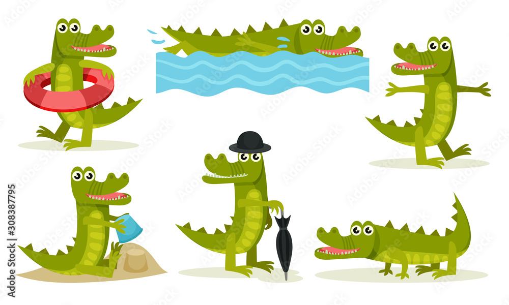 Cute Crocodile Cartoon Character In Different Situations Collection ...
