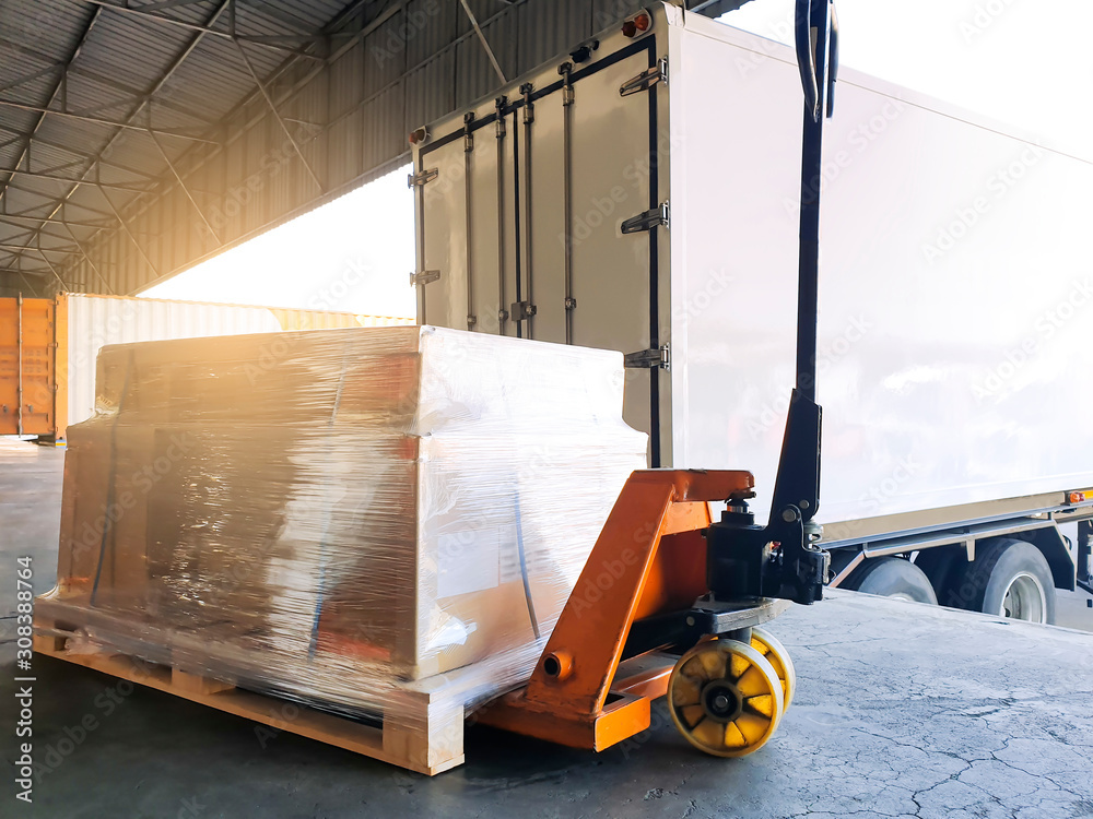 Cargo Truck Container Loading Packaging Boxes at Dock Warehouse. Slider ...