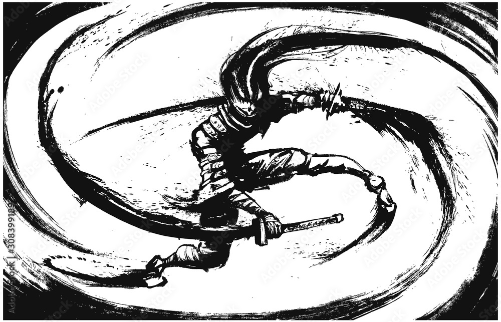 A ninja with two swords making circular cuts around himself leaving ink ...