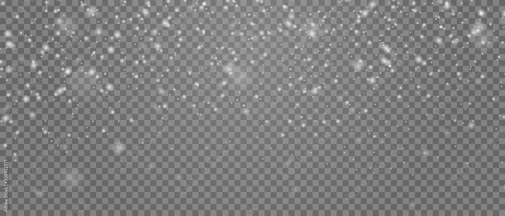 Vector falling snow overlay. Realistic shining snowfall background for ...