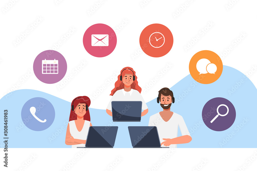 character people working with a laptop computer and infographic system ...