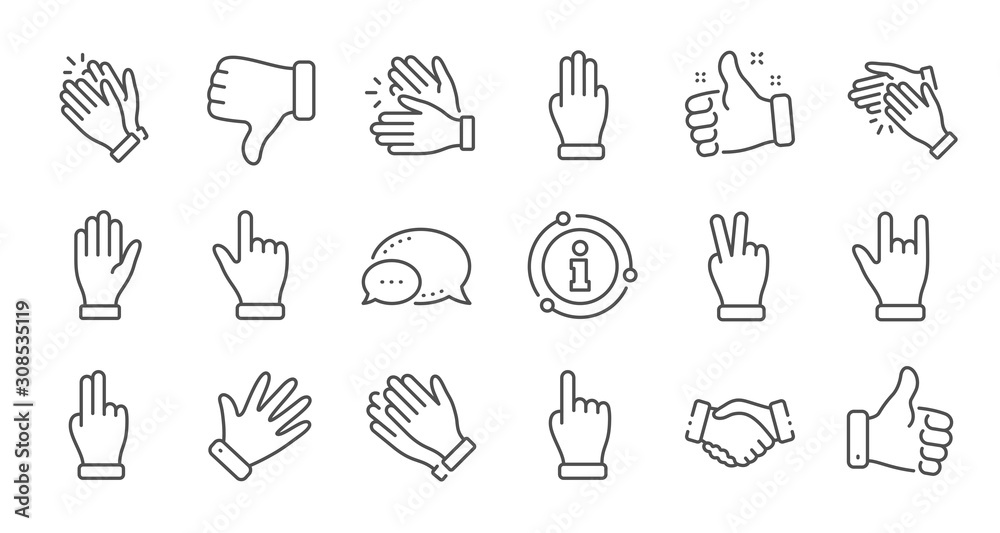 Hand gestures line icons. Handshake, Clapping hands, Victory. Horns ...