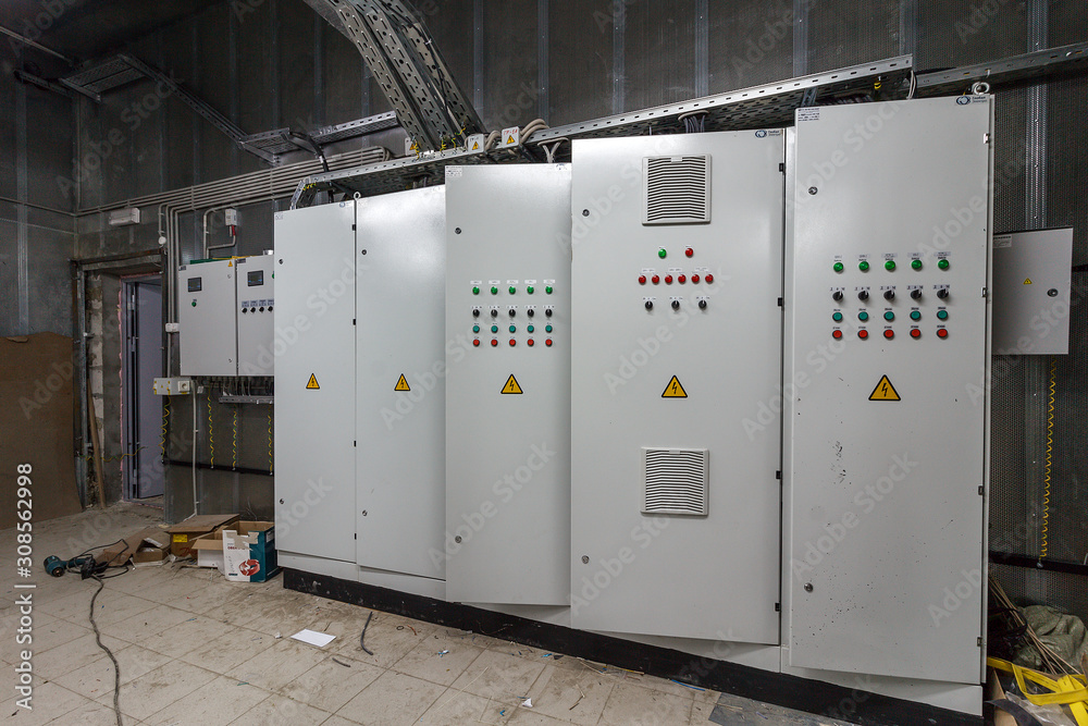 control cabinet in control room. Mechanic's maintenance room concept ...