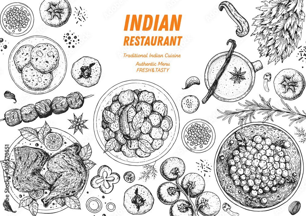 Indian food illustration. Hand drawn sketch. Vector illustration. Menu ...