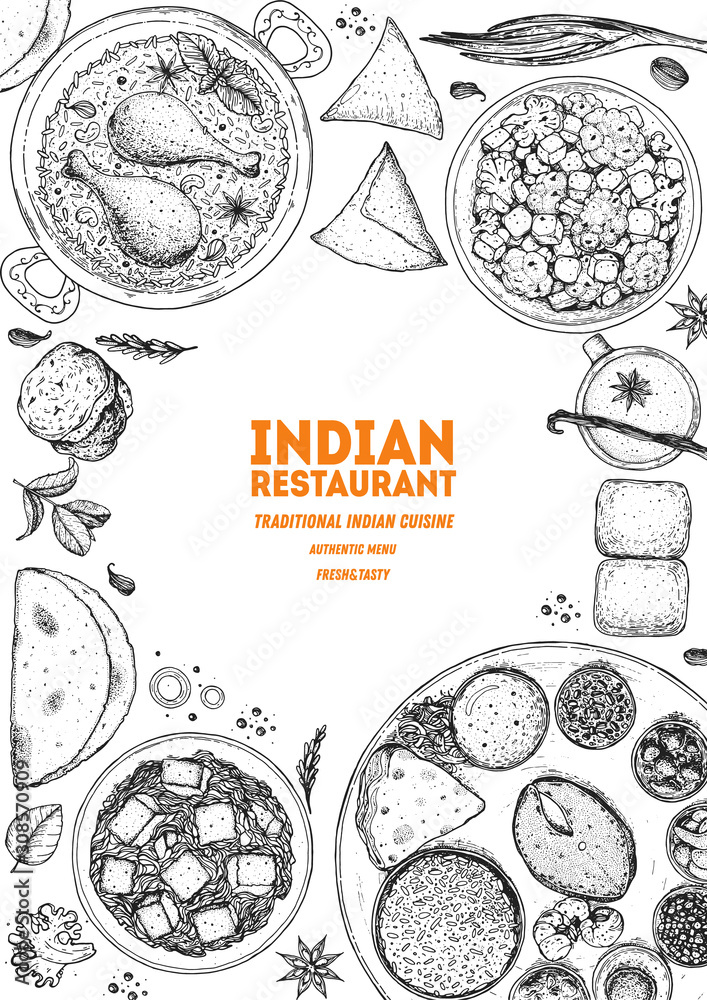 Indian food illustration. Hand drawn sketch. Vector illustration. Menu ...