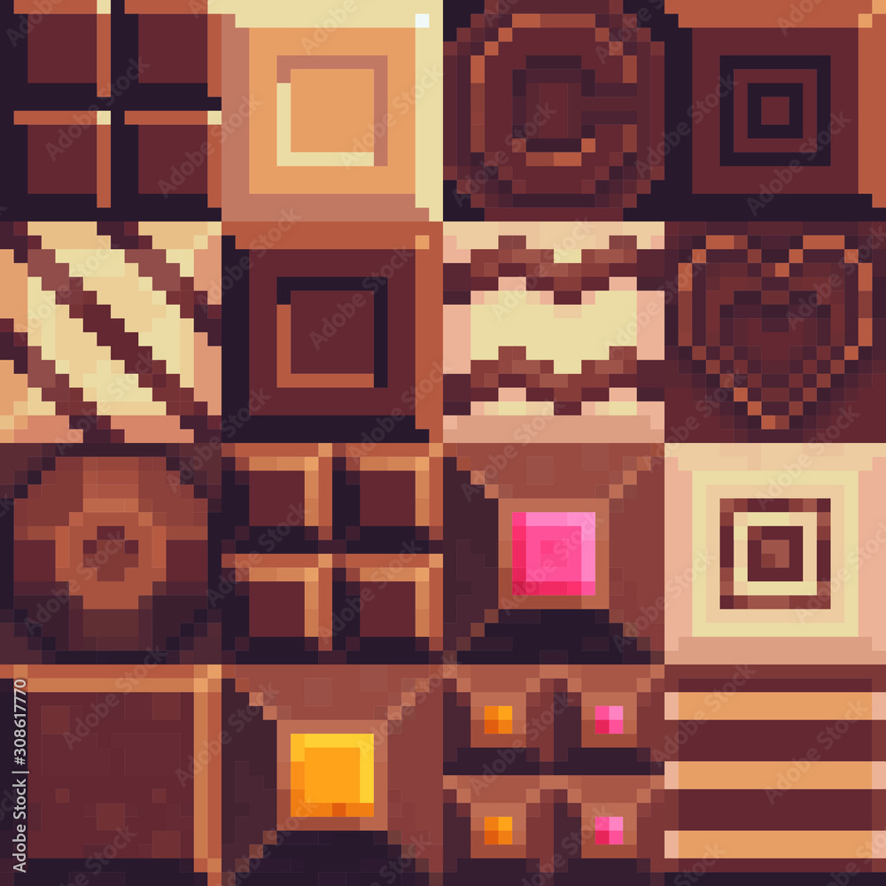 Chocolate bar, food tiles pixel art style abstract seamless pattern ...