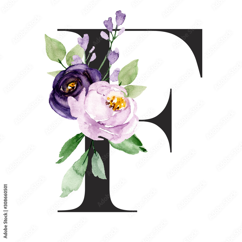 Letter f, floral alphabet, with watercolor flowers and leaf. Monogram ...