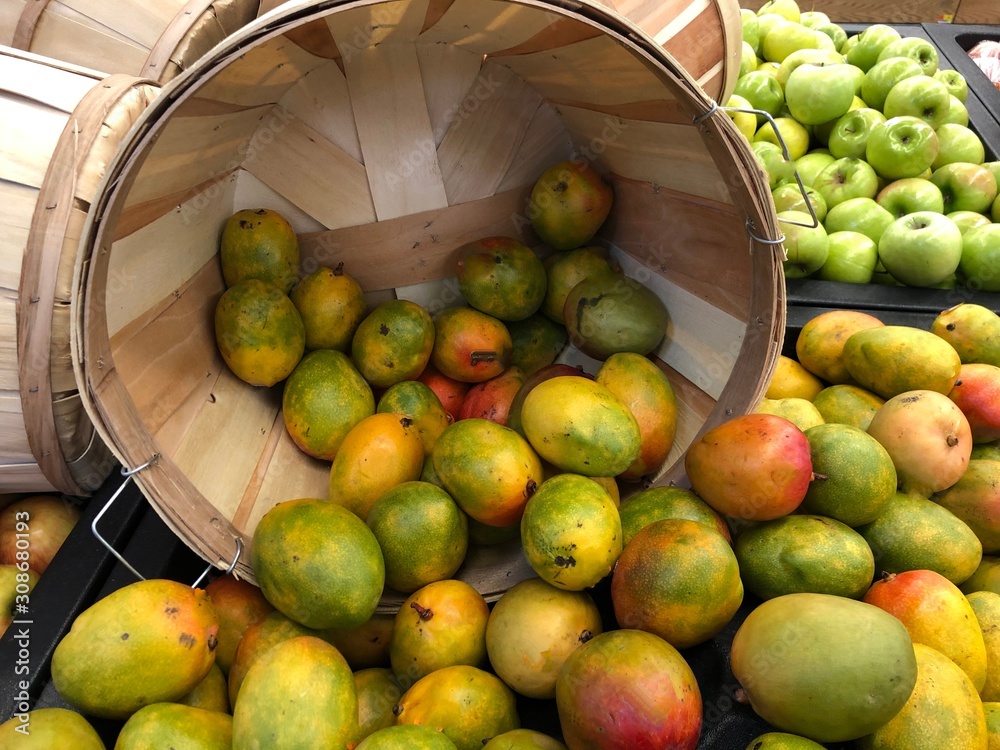 Medium close up of bushels of ripe mangoes at a fruit stall. Stock ...