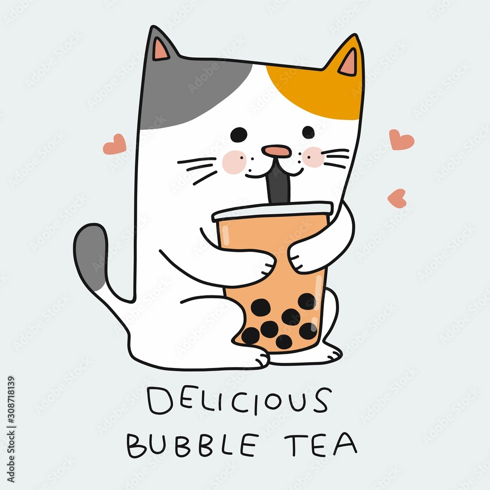 Cat drink bubble tea cartoon vector illustration doodle style Stock ...