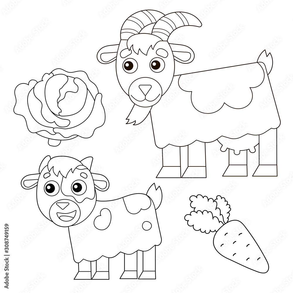 Coloring Page Outline of cartoon nanny goat with kid. Farm animals ...