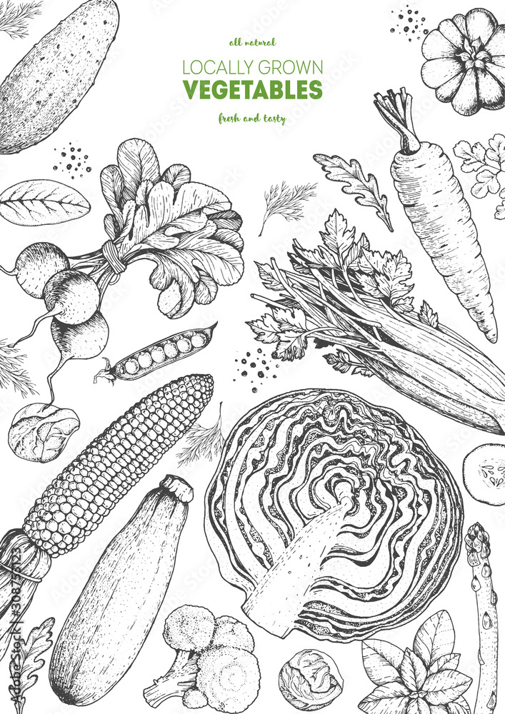 Vegetables top view frame. Farmers market menu design template. Organic ...