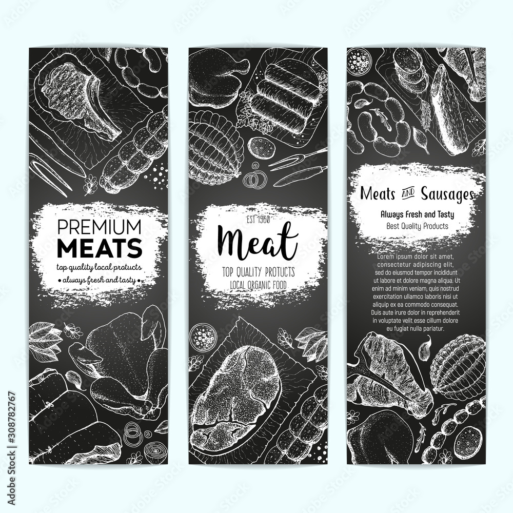 Meat top view, banner collection. Vector illustration set. Engraved ...