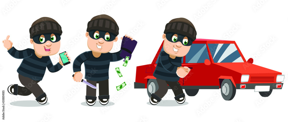 Vector cartoon set with robber, burglar in black eye mask in different ...