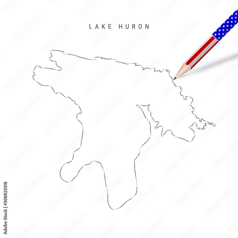 Vector de Stock Lake Huron vector map pencil sketch. Lake Huron outline ...
