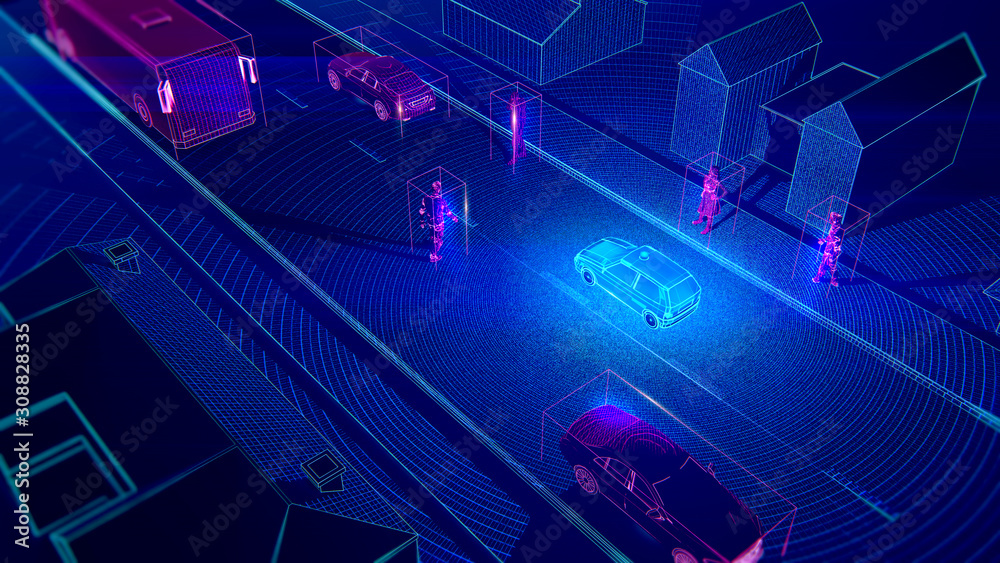 blue driverless transport on street with other cars and objects ...