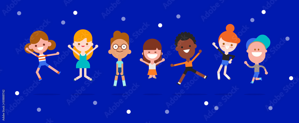 Happy children jumping and dancing. Kids in various posture. Flat ...