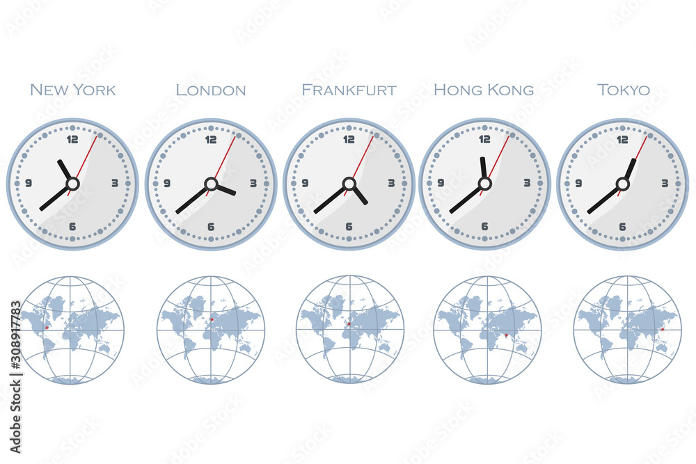 A clock showing the time of different time zones and a point on the map ...