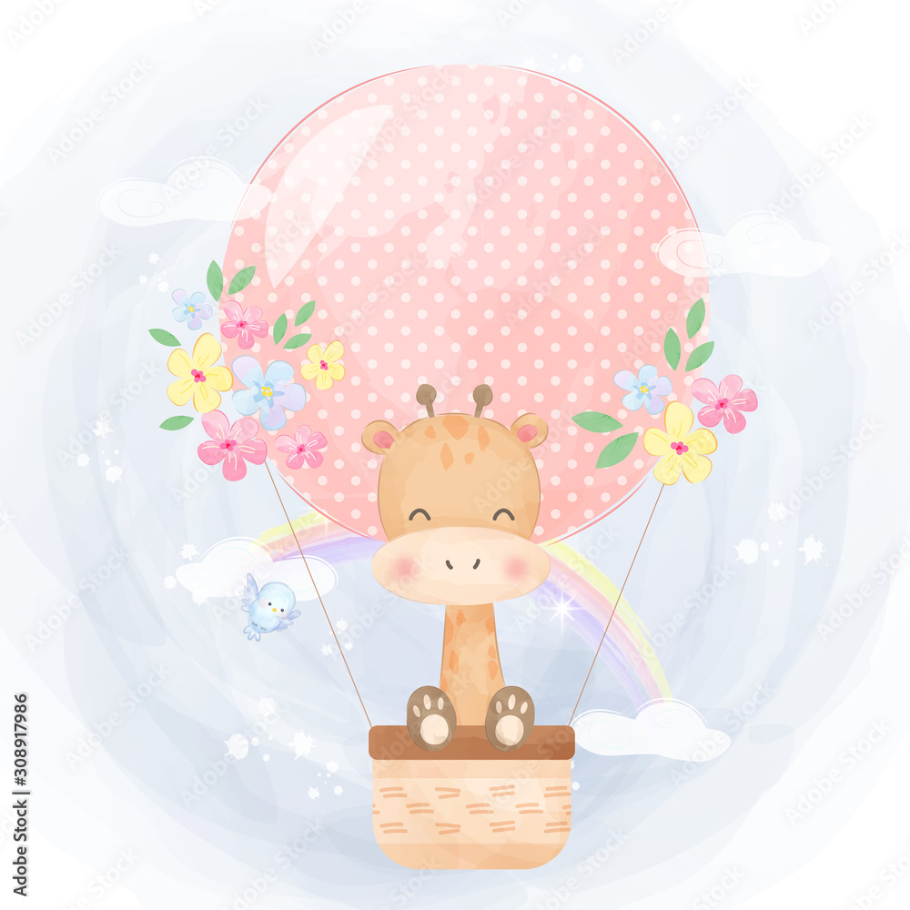 cute giraffe flying with air balloon Stock Vector | Adobe Stock
