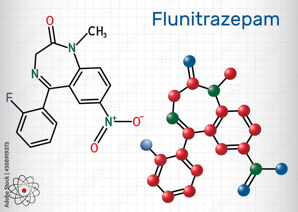 Vector de Stock Flunitrazepam drug molecule. It has hypnotic, sedative ...