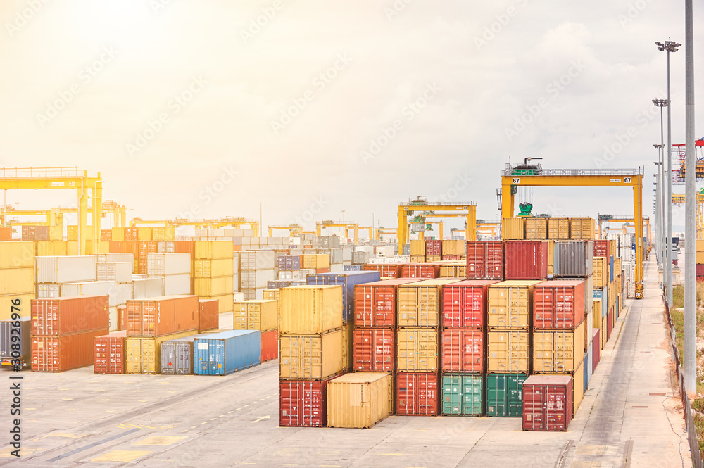 Containers stored in port logistics area waiting for export/import ...