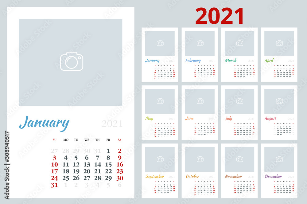 2021 Calendar, Print Template with Place for Photo, Your Logo and Text ...