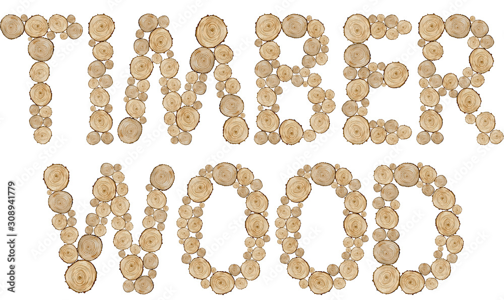 Words Timber and Wood made of wood cuts. Text made of tree rings ...