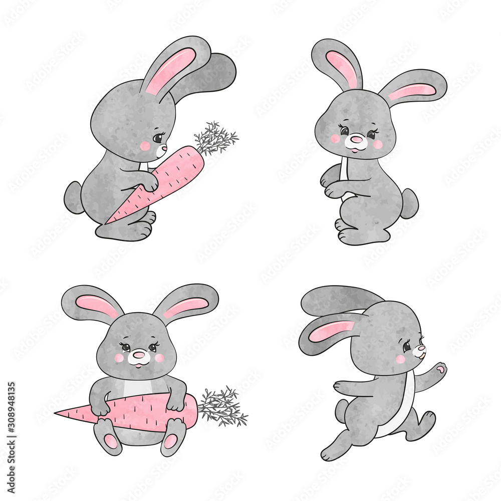 Set of cute cartoon baby rabbits. Vector watercolor bunny illustration ...