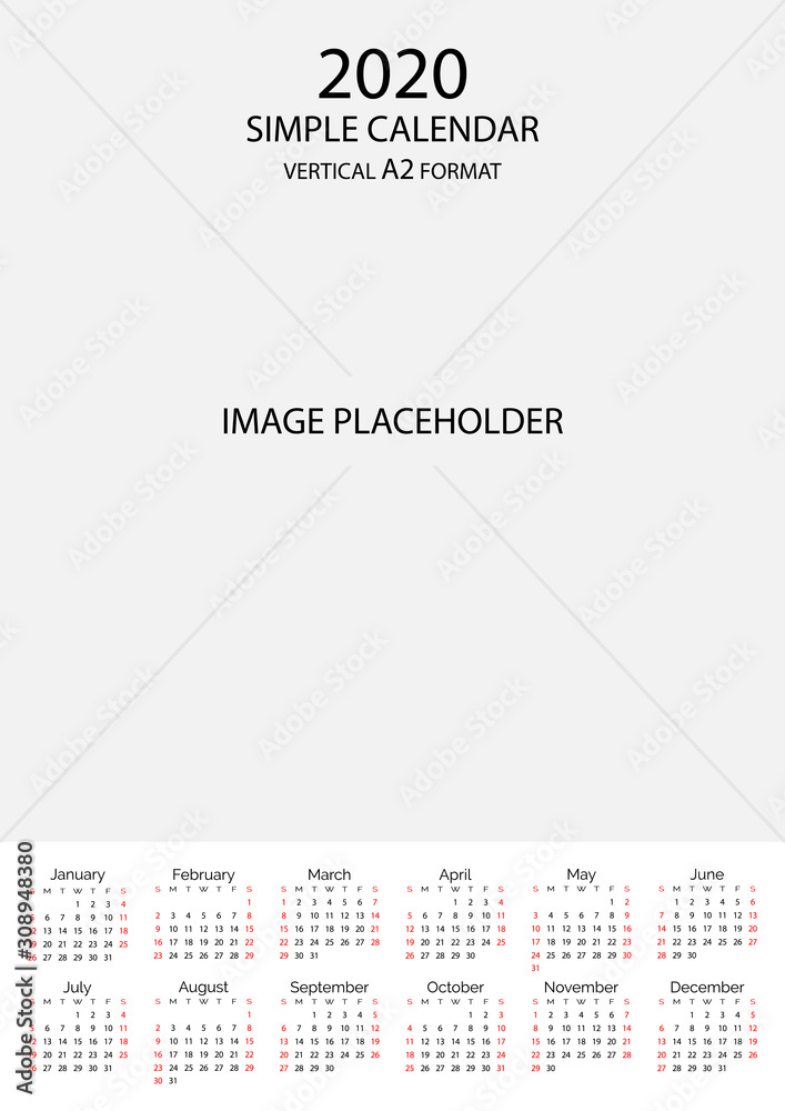 2020 simple vertical calendar grid template with image placeholder ...