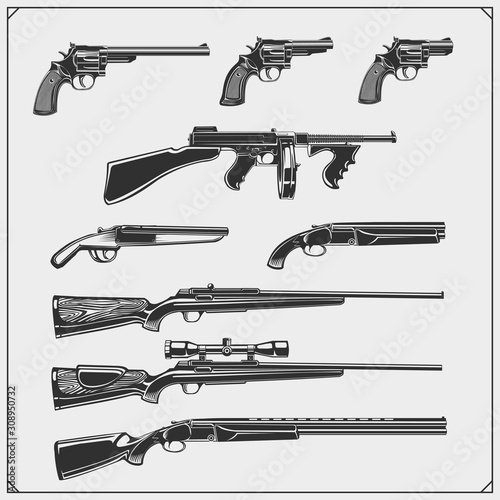 Collection of Guns. Revolvers, hunting rifles, machine guns, shotguns ...