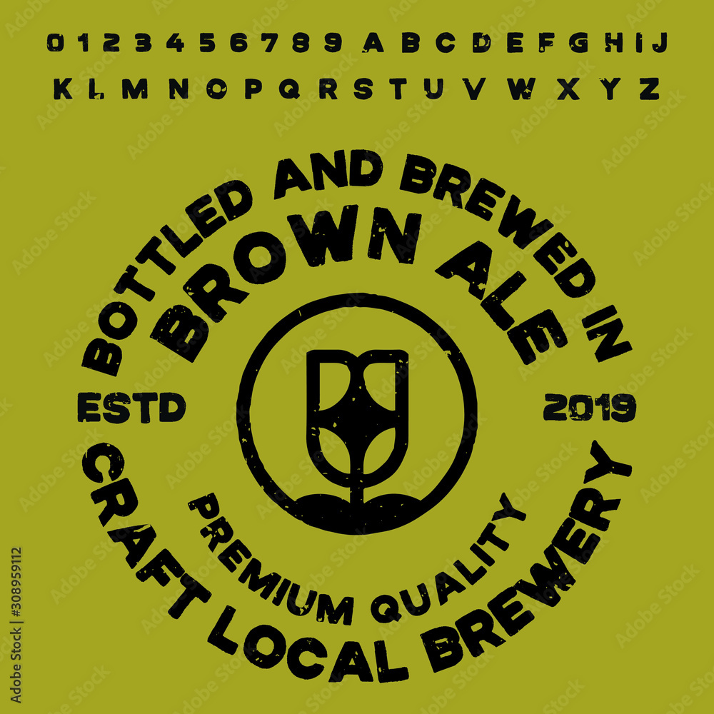 " beer " typeface. Vector hand crafted font in medieval style with hops ...