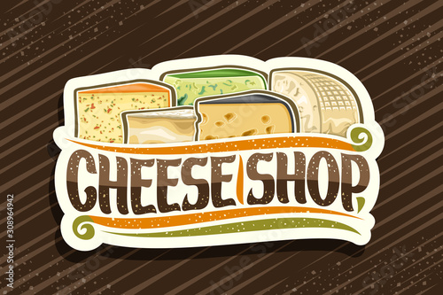 Vector logo for Cheese Shop, decorative cut paper label with ...