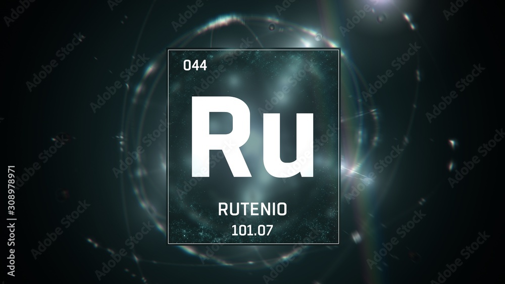 3D illustration of Ruthenium as Element 44 of the Periodic Table. Green ...
