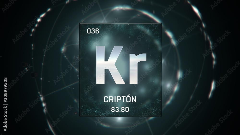 3D illustration of Krypton as Element 36 of the Periodic Table. Green ...
