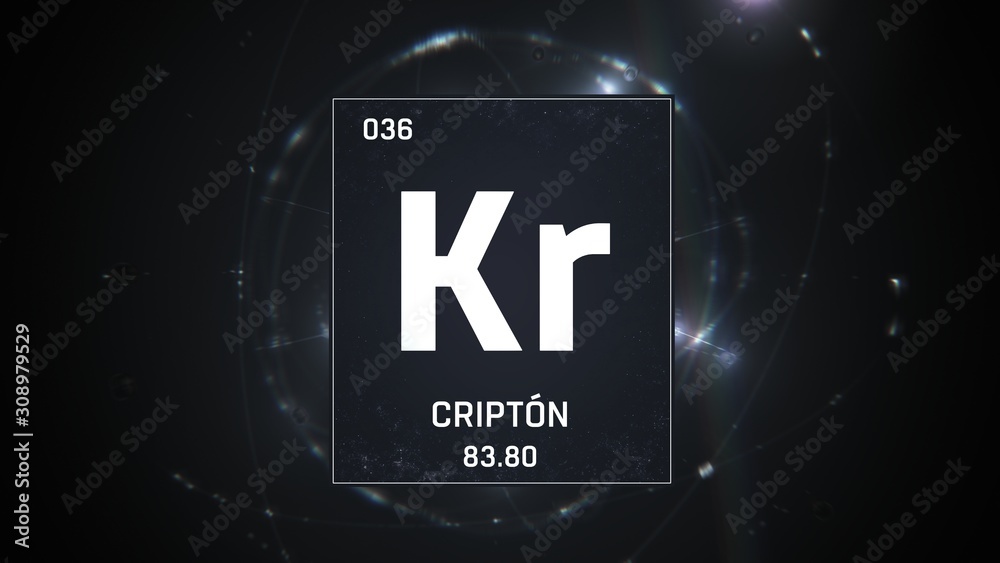 3D illustration of Krypton as Element 36 of the Periodic Table. Silver ...