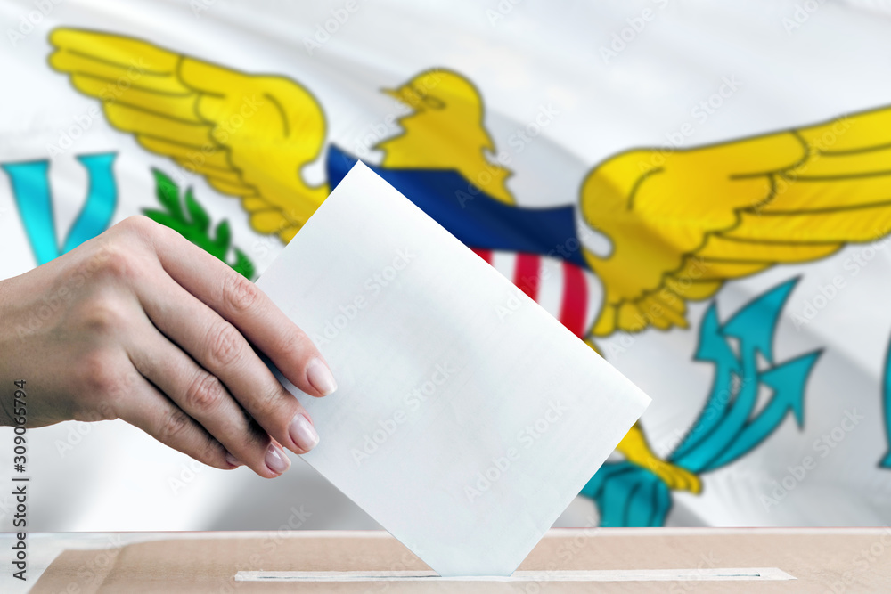 United States Virgin Islands election concept. Side view woman putting ...
