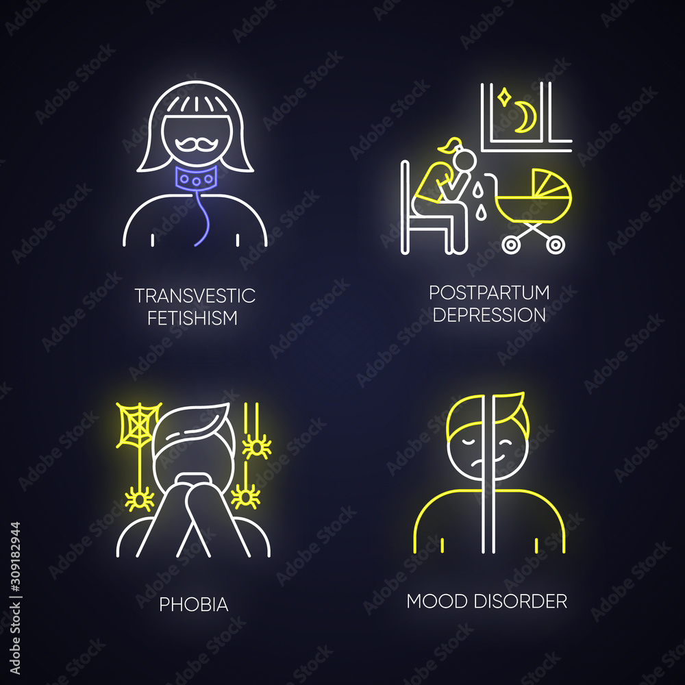 Mental disorder neon light icons set. Transvestic fetishism. Postpartum ...
