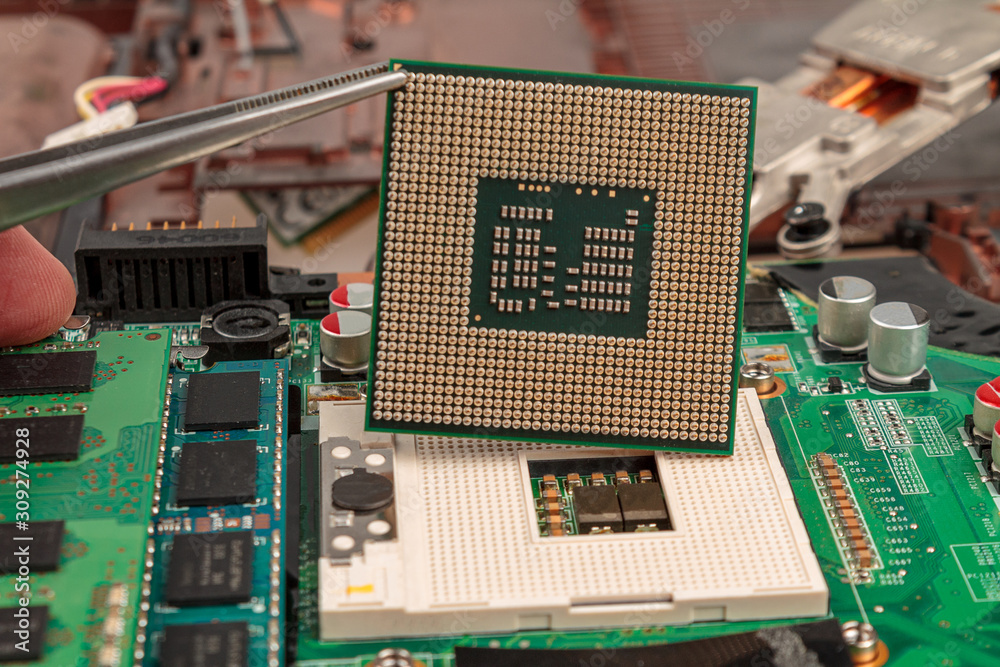 computer CPU close-up on the motherboard background, socket of central ...