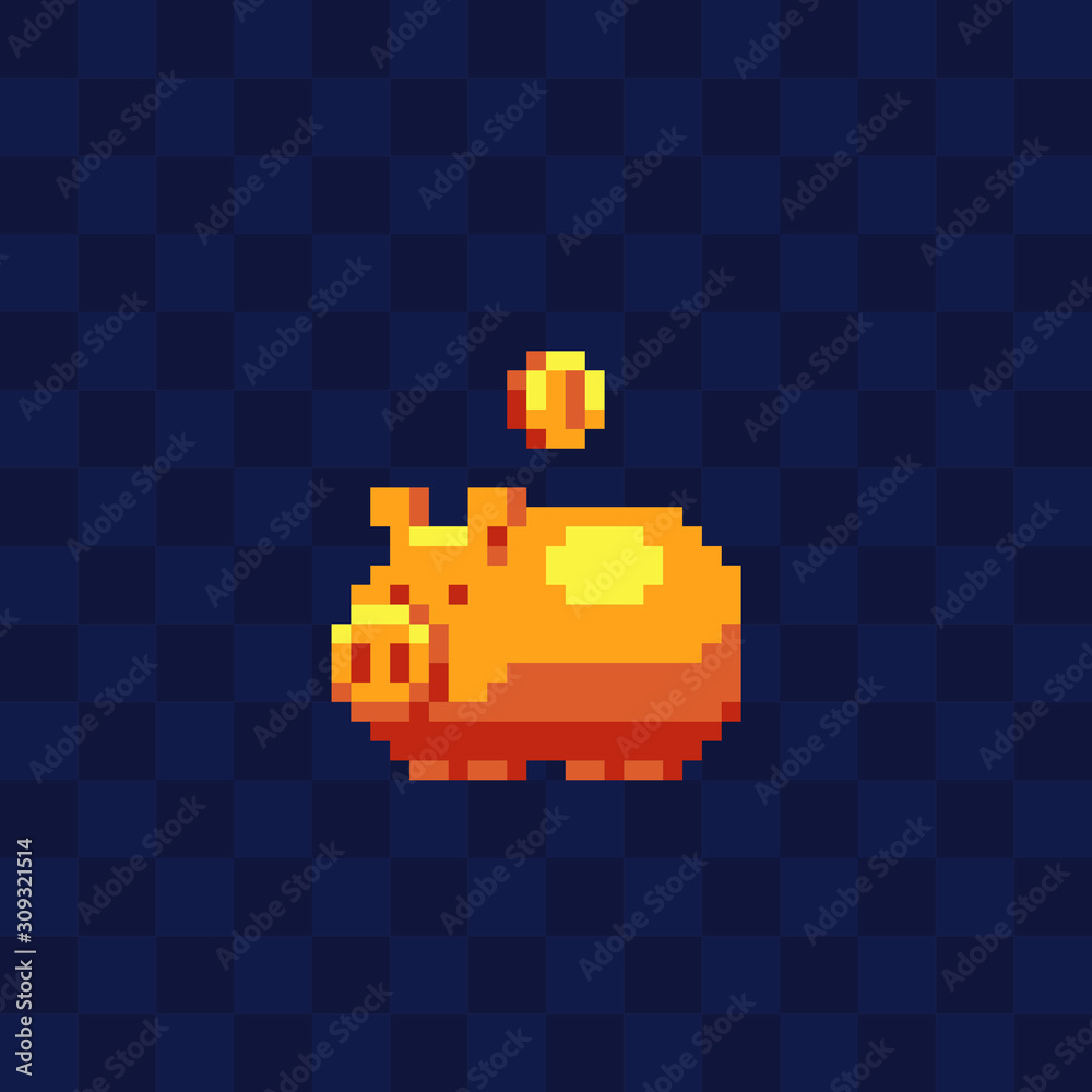 Piggy bank and coin icon. Golden money box. Pixel art style. 8-bit ...