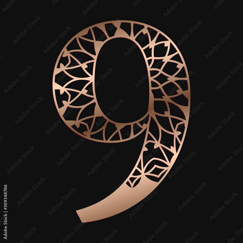 Laser cutting digit nine. Woodcut vector design. Plywood lasercut gift ...