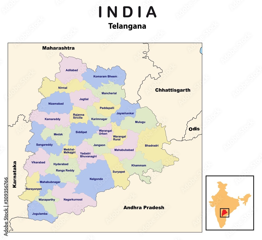 vector illustration of Telangana district map with borders Stock ...