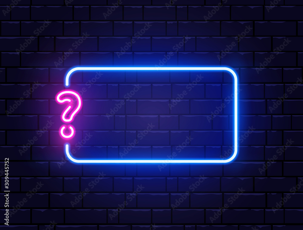 Neon quiz banner. Glowing question mark. Color neon banner on brick ...