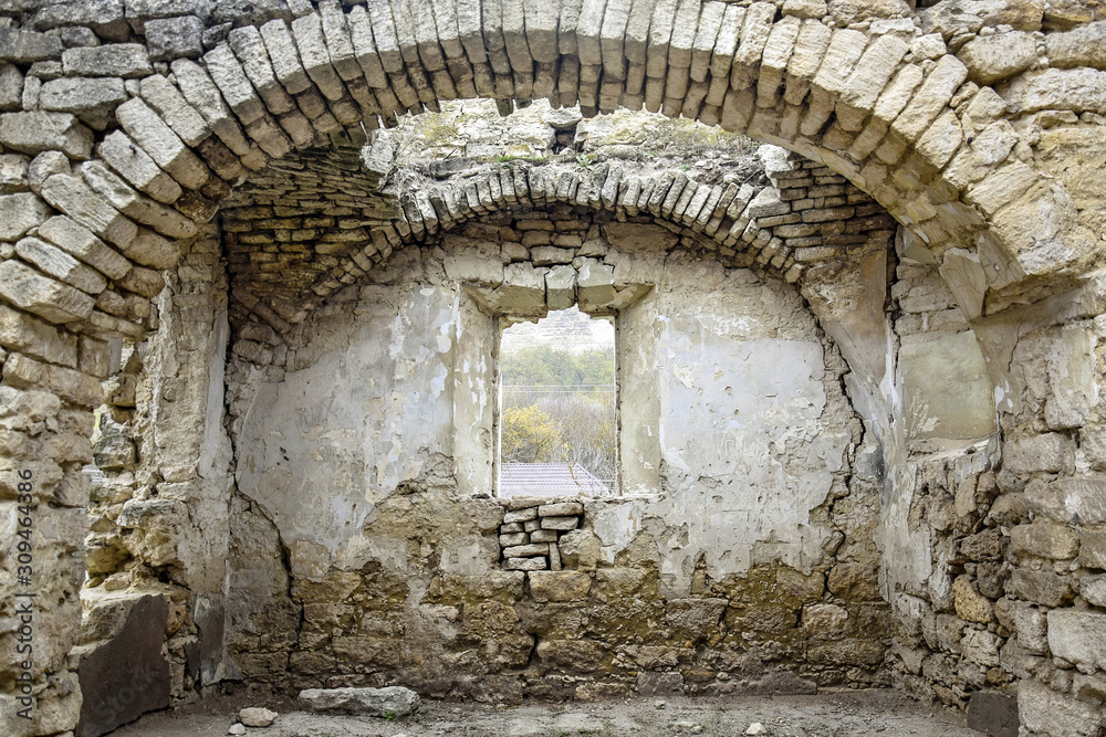 Ruins of an ancient Christian temple. Collapsed ceiling. Masonry, room ...