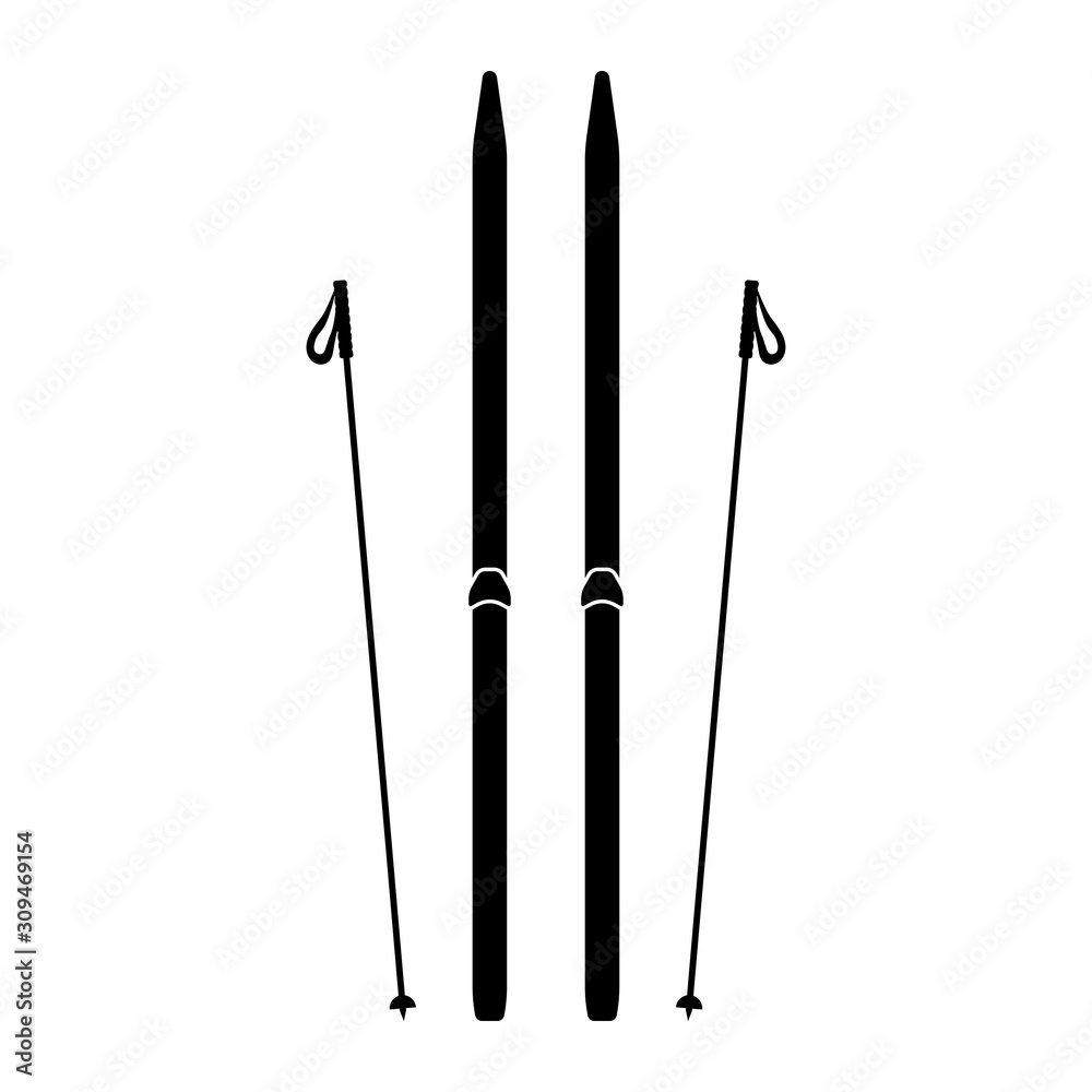 Skis and ski poles icon. Skiing. Vector drawing. Black silhouette ...