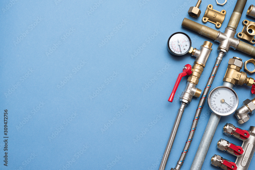 Plumbing flat lay background with copy space. Work tools and pipeline ...