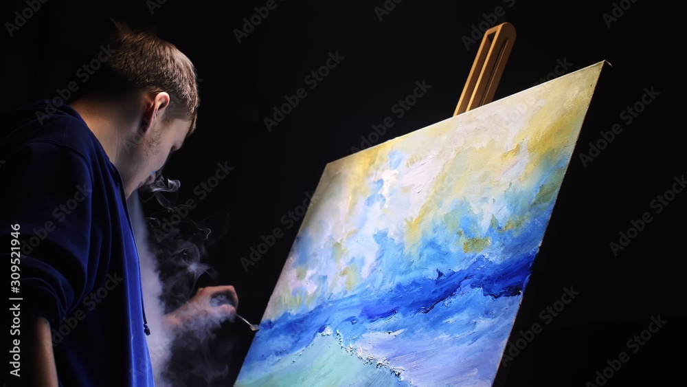 Artist copyist paint seascape with ship in ocean. Vaper smoke vape e ...